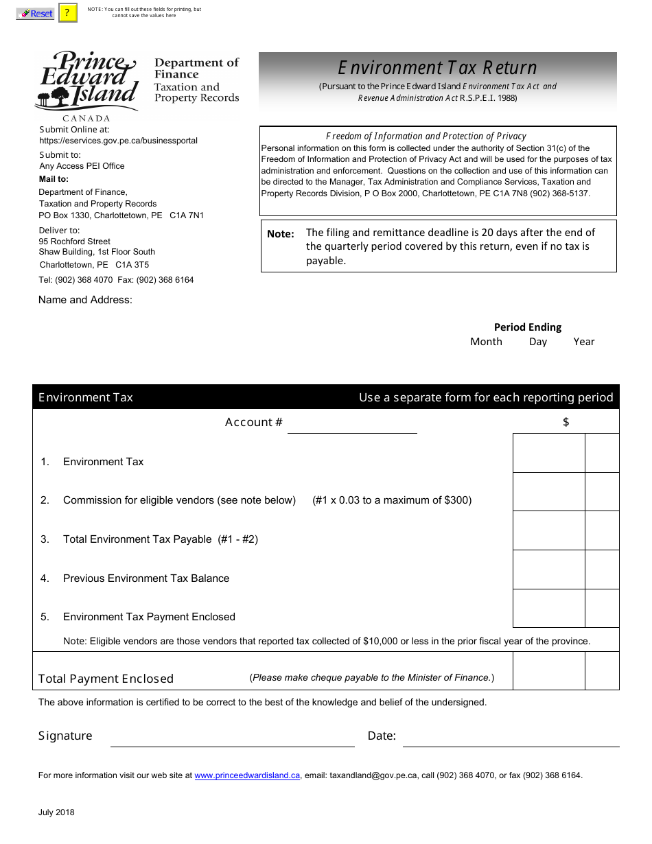 Prince Edward Island Canada Environment Tax Return - Fill Out, Sign ...