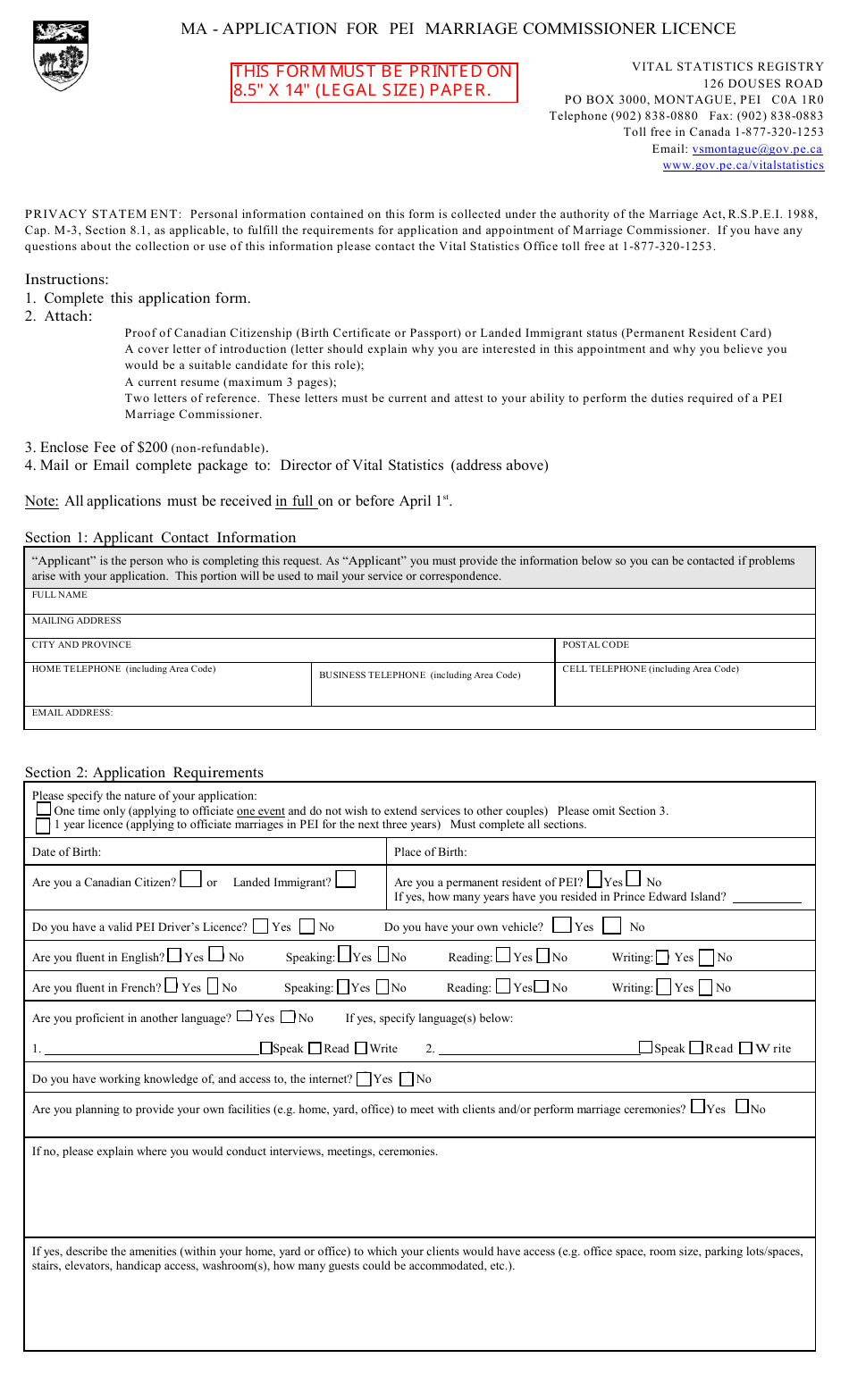 Prince Edward Island Canada Application for Pei Marriage Commissioner Licence - Fill Out, Sign ...