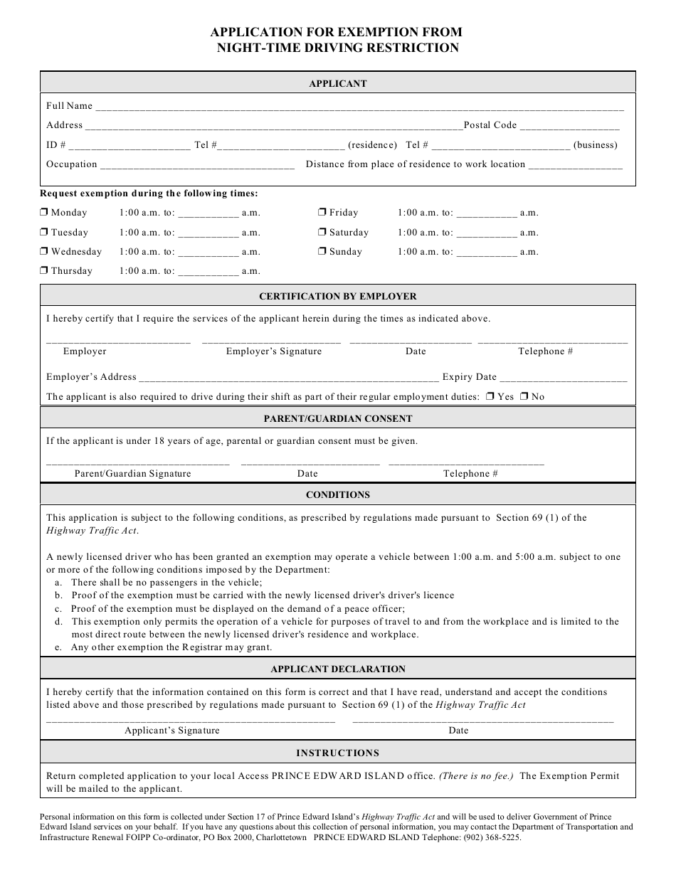 Prince Edward Island Canada Application for Exemption From Night-Time ...