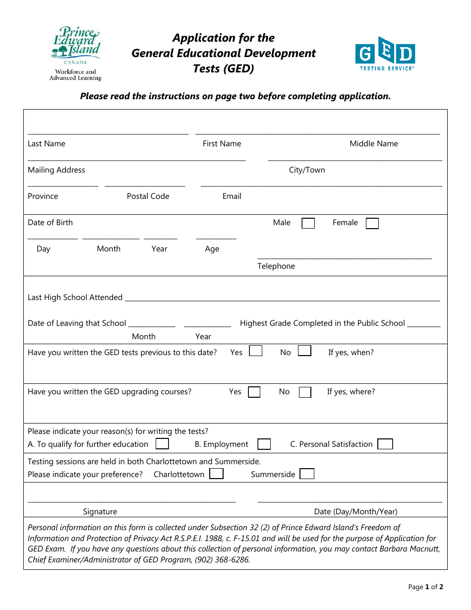Prince Edward Island Canada Application for the General Educational ...