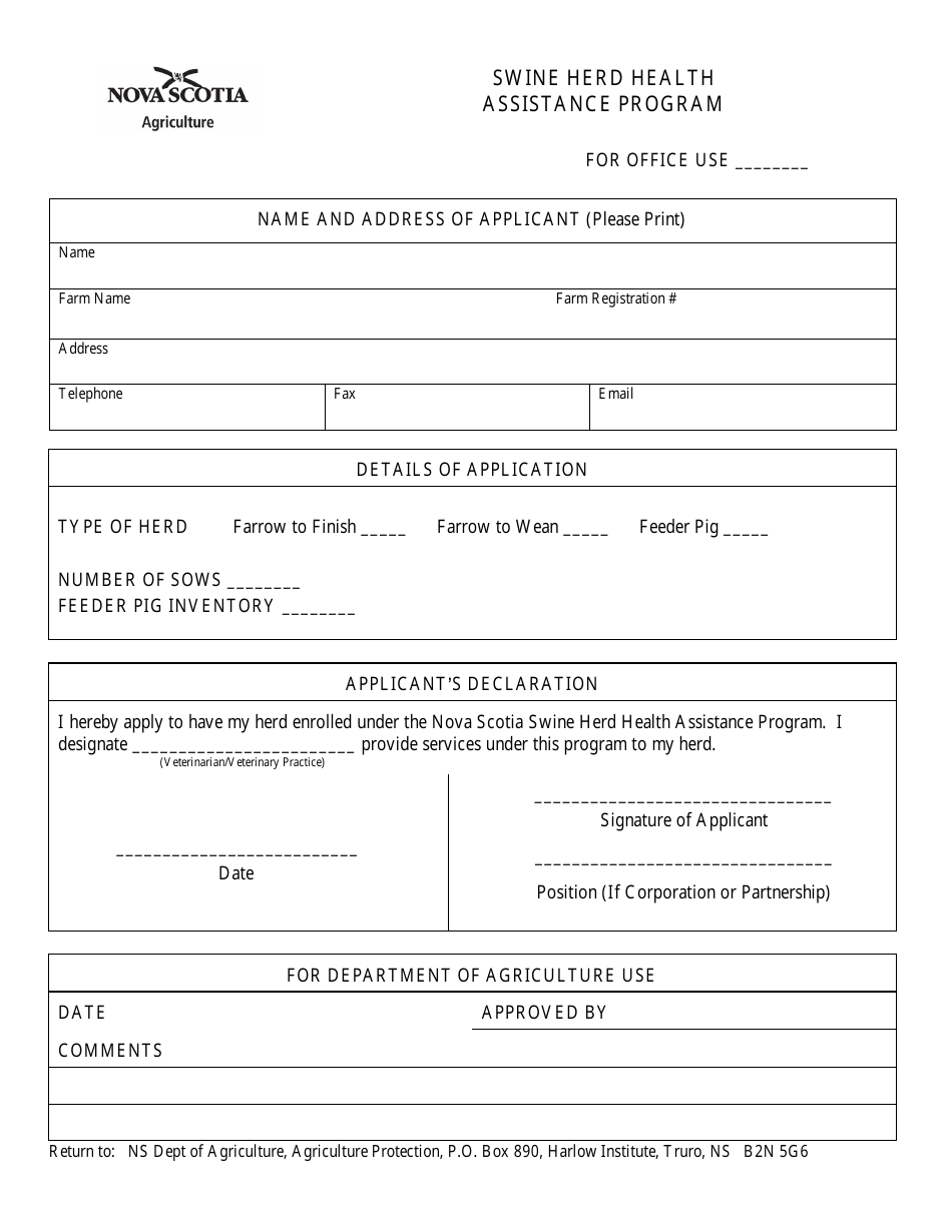 Nova Scotia Canada Swine Herd Health Assistance Program Application ...