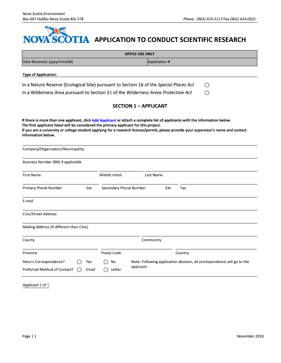 Nova Scotia Canada Application to Conduct Scientific Research - Fill ...