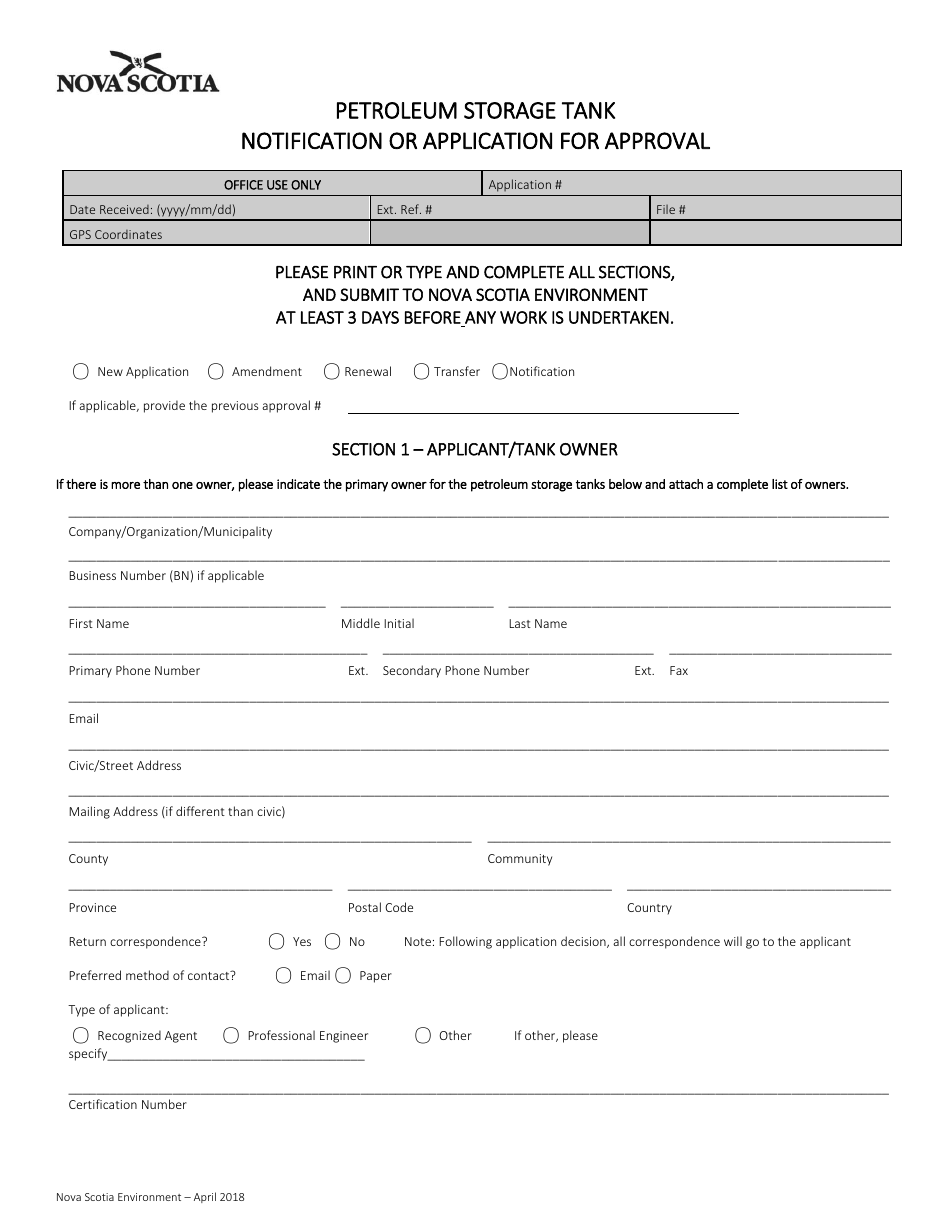 Nova Scotia Canada Petroleum Storage Tank Notification or Application ...