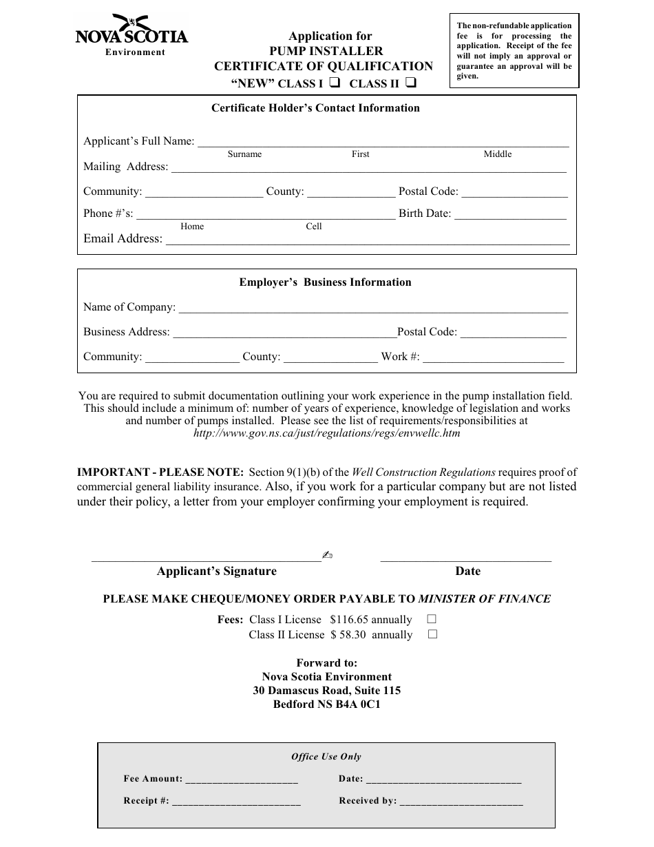 Nova Scotia Canada Application for Pump Installer Certificate of Qualification - Fill Out, Sign ...