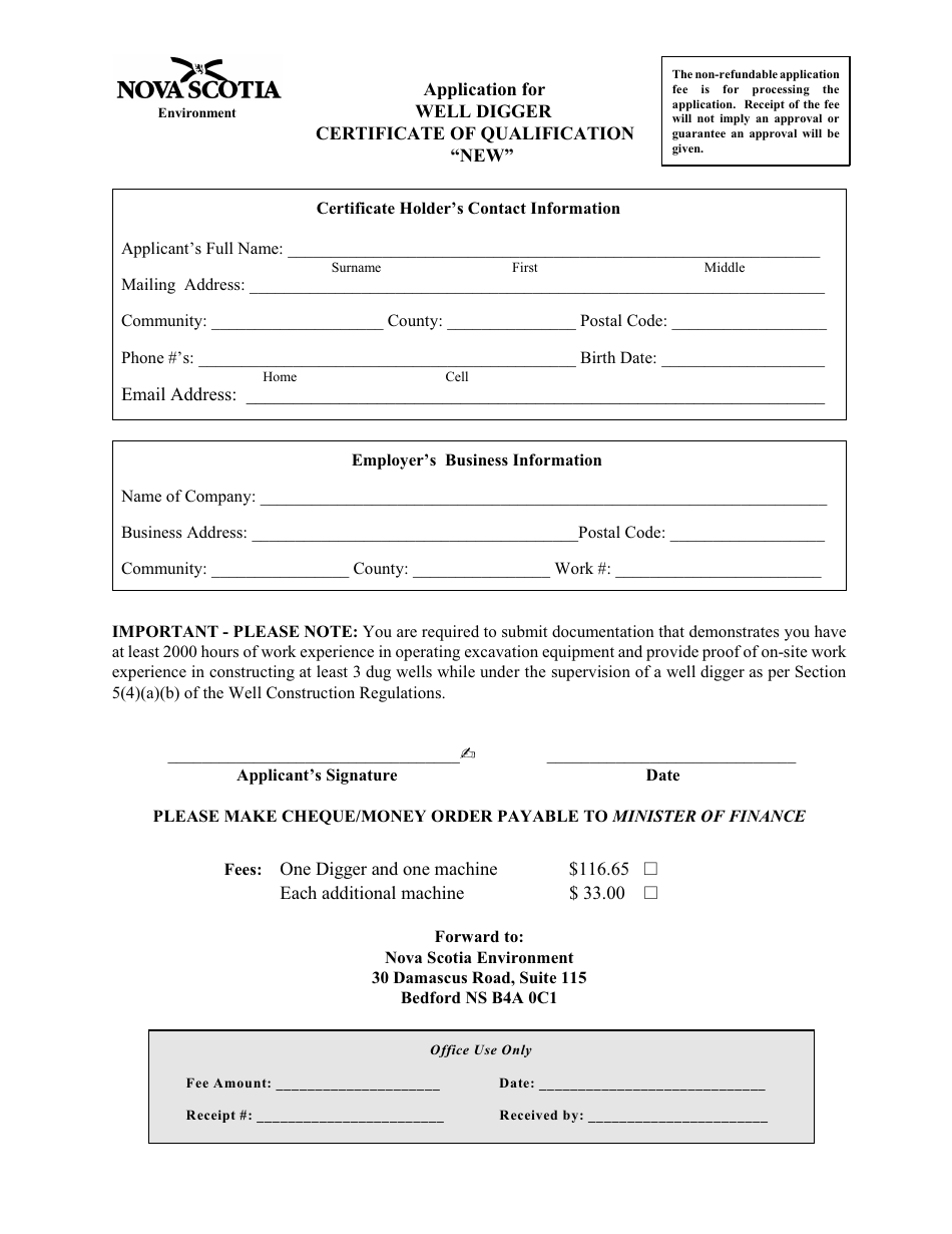 Nova Scotia Canada Application for Well Digger Certificate of ...