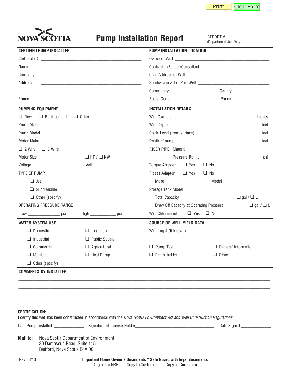 Nova Scotia Canada Pump Installation Report - Fill Out, Sign Online and ...