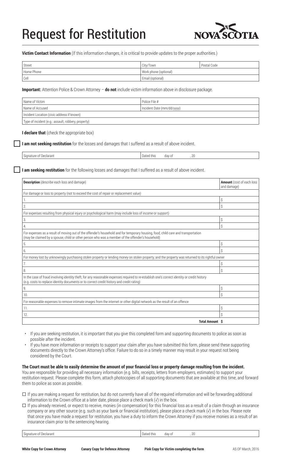 Nova Scotia Canada Request for Restitution - Fill Out, Sign Online and ...