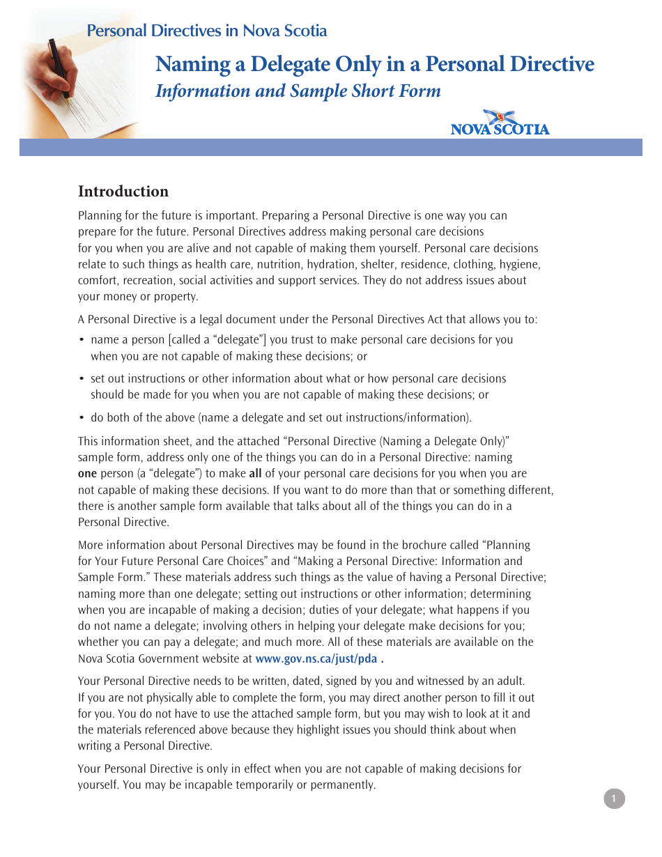 Nova Scotia Canada Peronal Directive Short Form - Fill Out, Sign Online ...