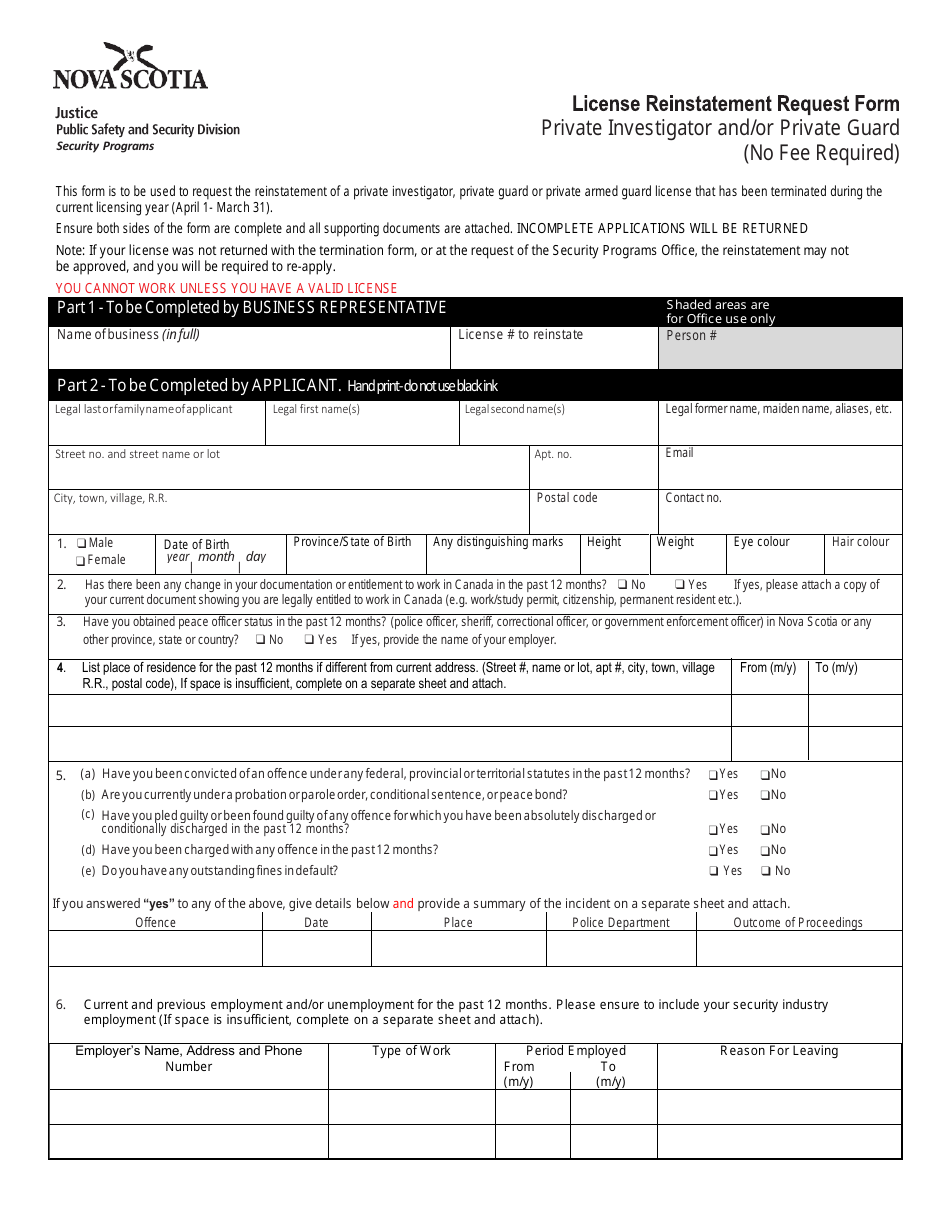 Nova Scotia Canada License Reinstatement Request Form - Private ...