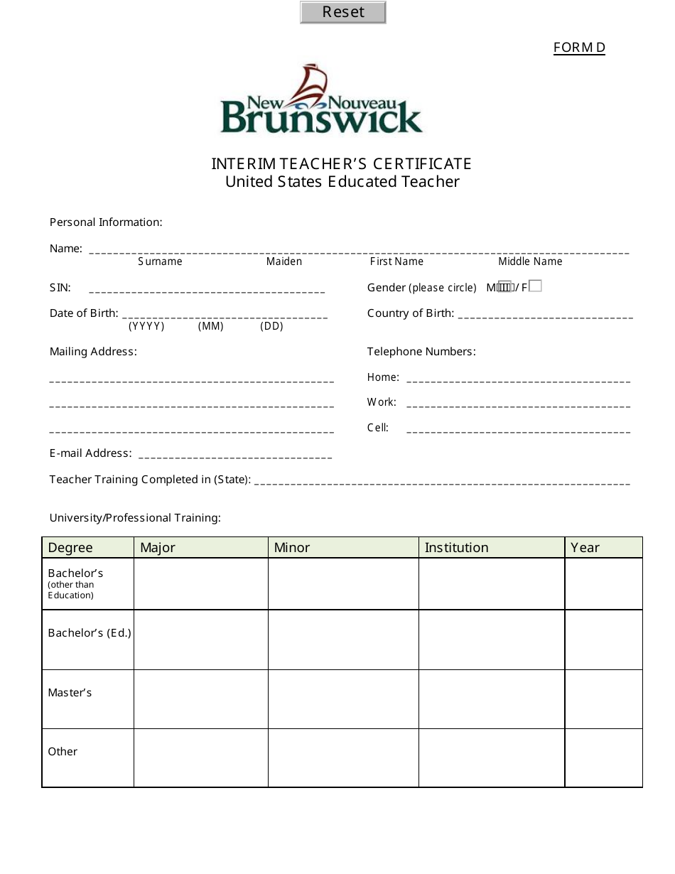 Form D - Fill Out, Sign Online and Download Fillable PDF, New Brunswick ...