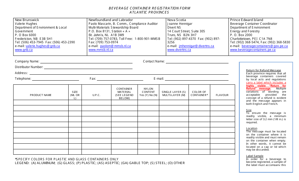 New Brunswick Canada Beverage Container Registration Form - Atlantic ...