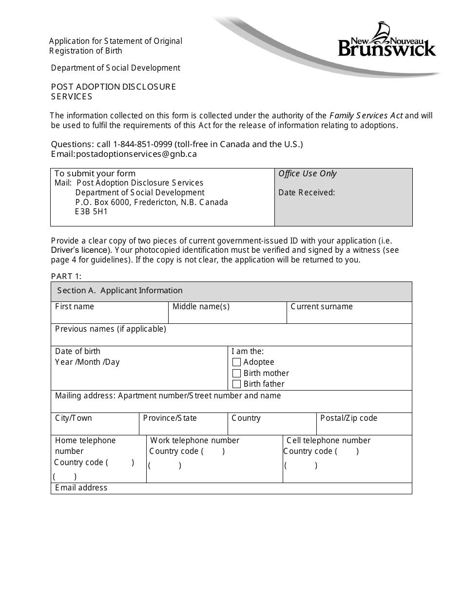 New Brunswick Canada Application for Statement of Original Registration ...