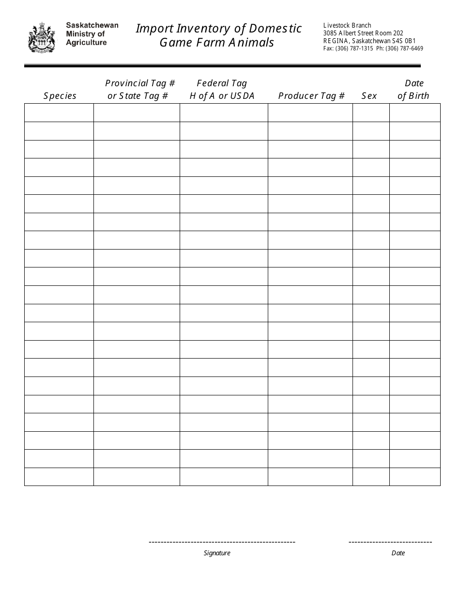 Saskatchewan Canada Import Inventory of Domestic Game Farm Animals ...