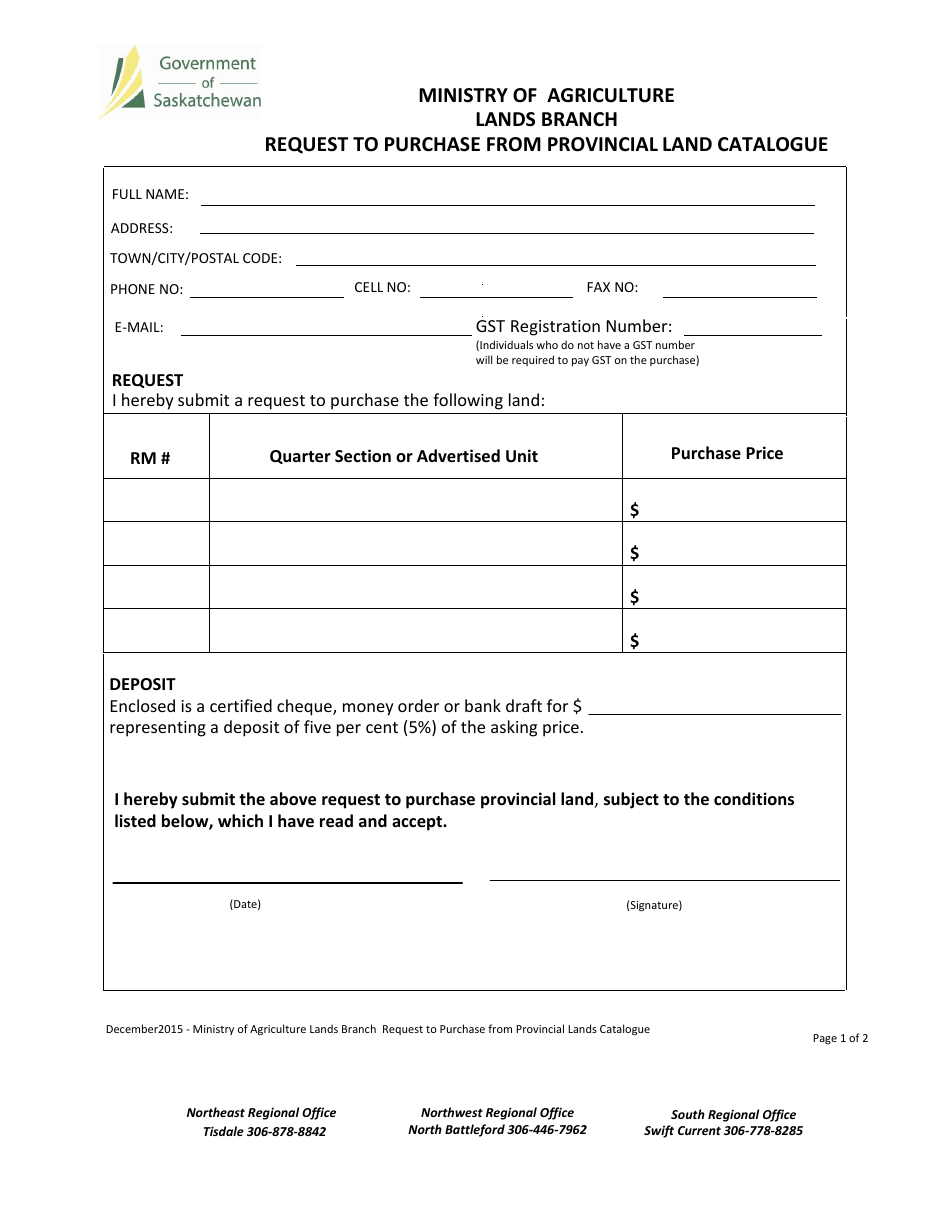 Saskatchewan Canada Request to Purchase From Provincial Land Catalogue ...