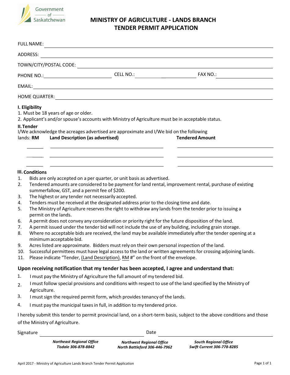 Saskatchewan Canada Tender Application to Obtain Crown Land Under ...