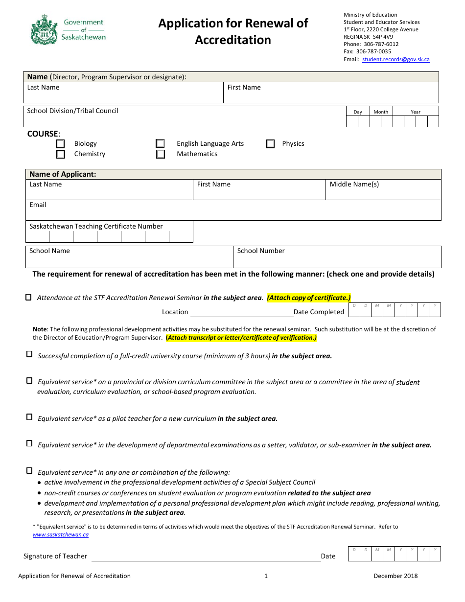 Saskatchewan Canada Application for Renewal of Accreditation - Fill Out, Sign Online and ...