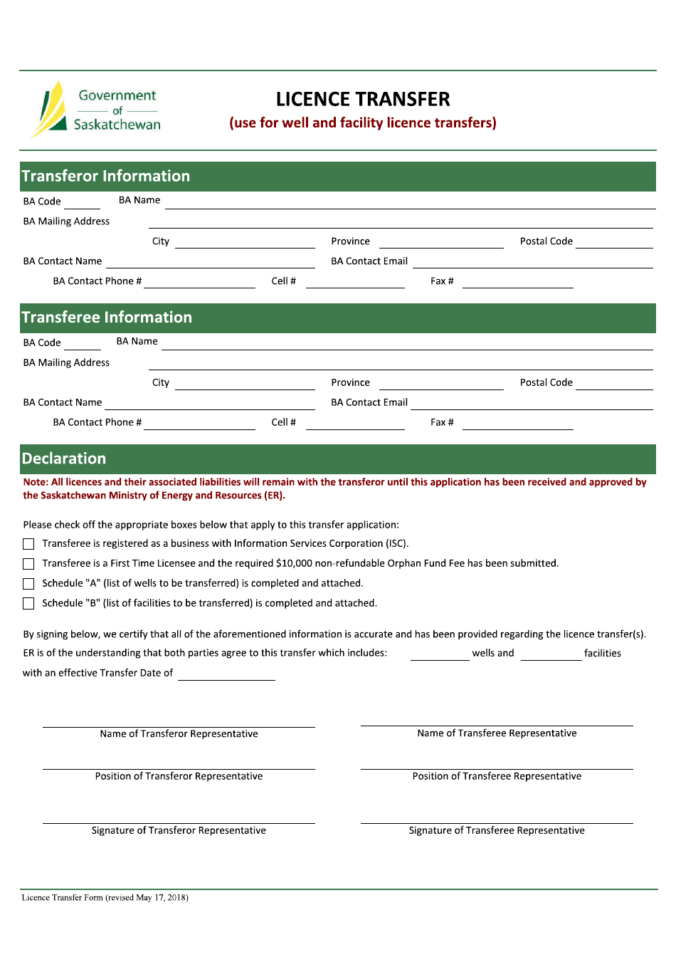 Saskatchewan Canada Licence Transfer Application - Fill Out, Sign ...