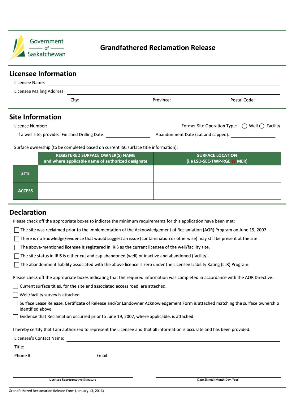 Saskatchewan Canada Grandfathered Reclamation Release - Fill Out, Sign ...