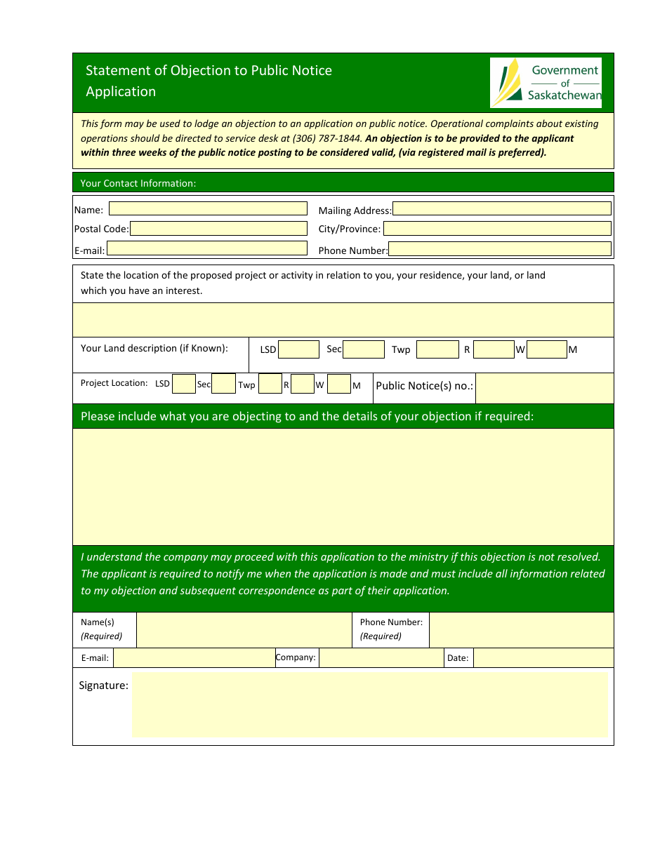 Saskatchewan Canada Statement of Objection to Public Notice Application ...