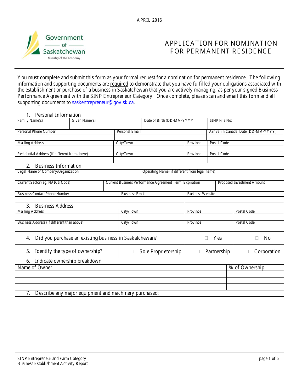 Saskatchewan Canada Application for Nomination for Permanent Residence ...