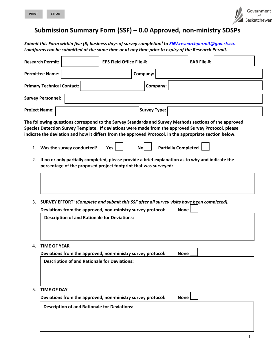 Saskatchewan Canada Submission Summary Form (Ssf) - 0.0 Approved, Non ...