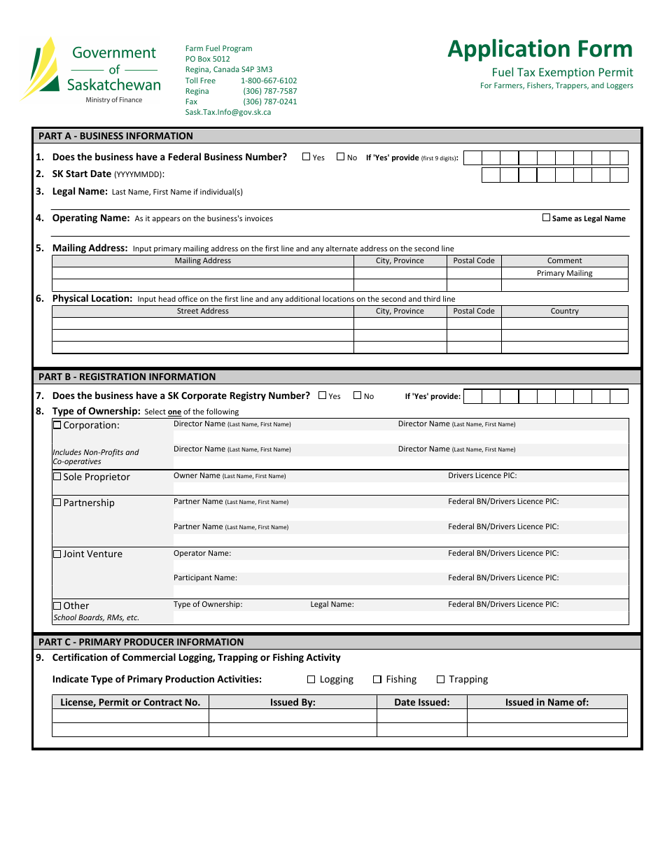 Saskatchewan Canada Application for Fuel Tax Exemption Permit - Fill ...