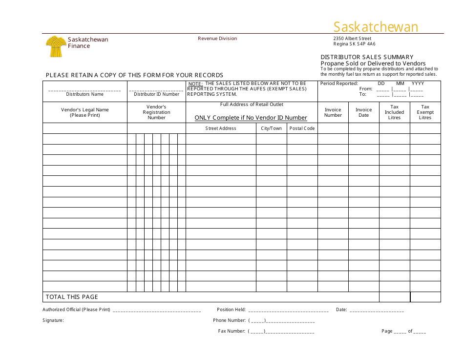 Saskatchewan Canada Distributor Sales Summary - Propane Sold or ...