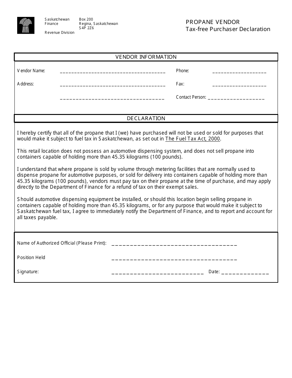 Saskatchewan Canada Propane Vendor Tax-Free Purchaser Declaration ...