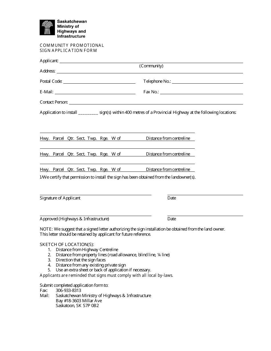 Saskatchewan Canada Community Promotional Sign Application Form - Fill ...