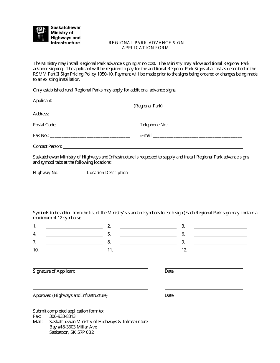 Saskatchewan Canada Regional Park Advance Sign Application Form - Fill ...