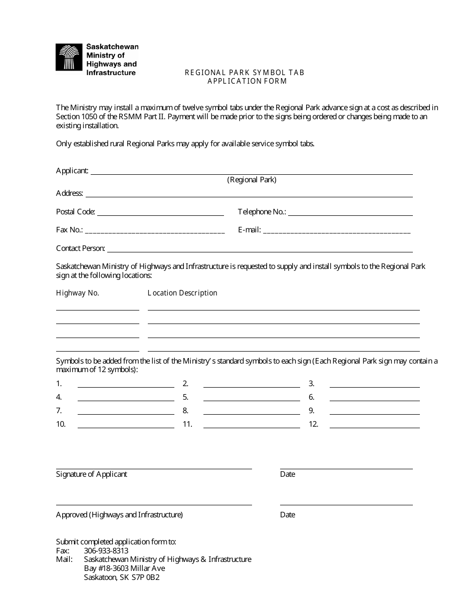 Saskatchewan Canada Regional Park Symbol Tab Application Form - Fill ...