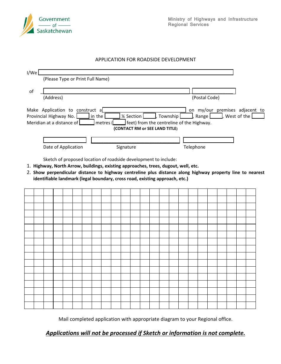 Saskatchewan Canada Application for Roadside Development - Fill Out ...