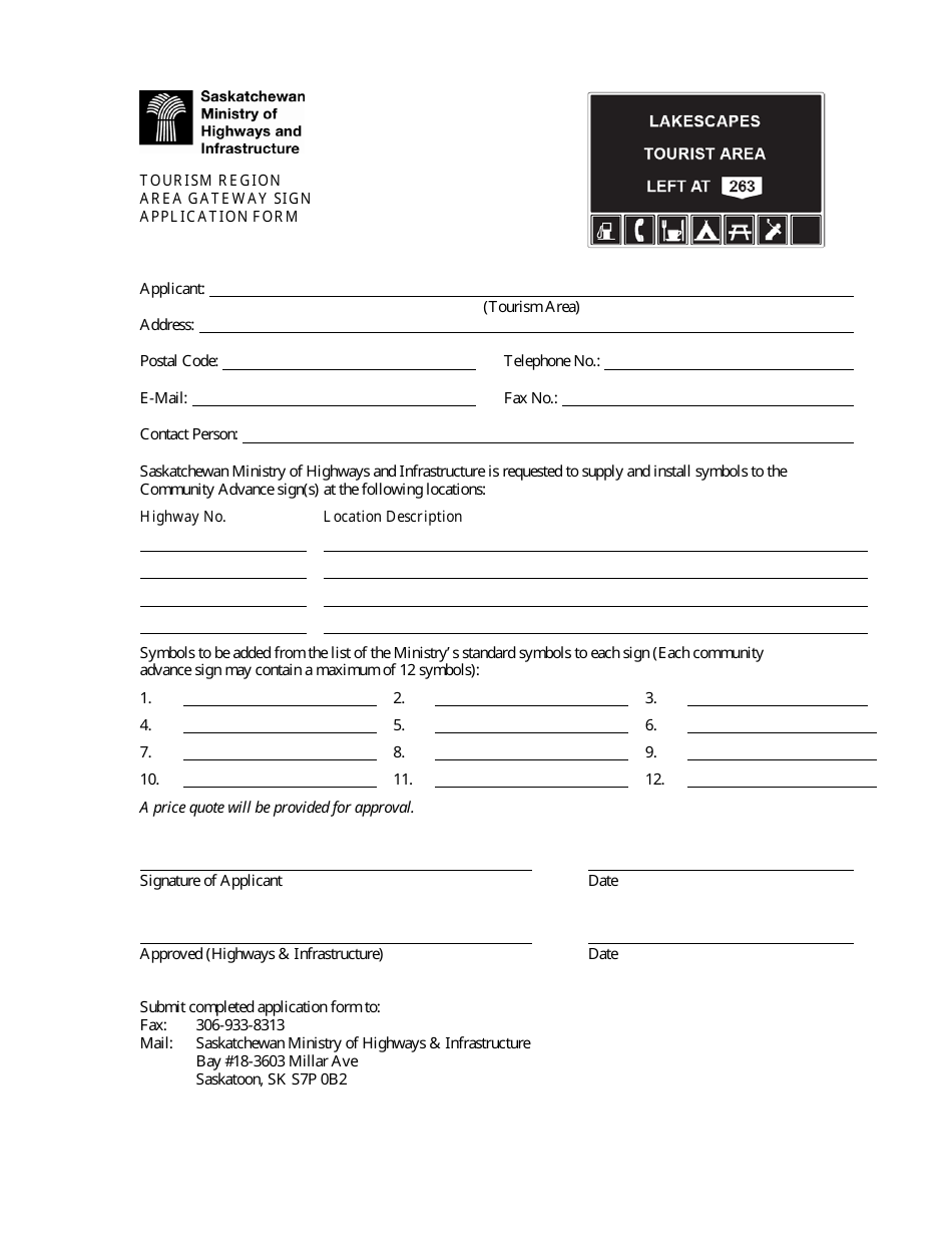 Saskatchewan Canada Tourism Region Area Gateway Sign Application Form ...