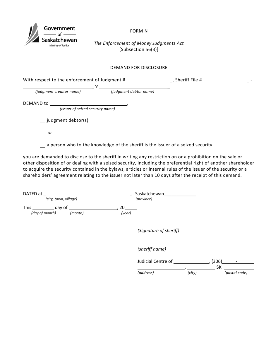 Form N - Fill Out, Sign Online and Download Printable PDF, Saskatchewan ...
