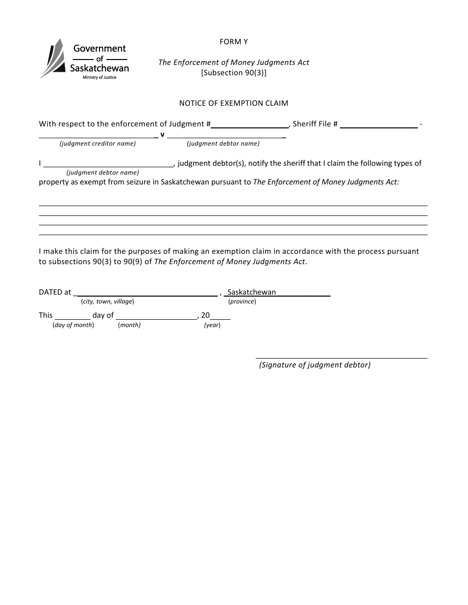 Form Y - Fill Out, Sign Online and Download Printable PDF, Saskatchewan ...