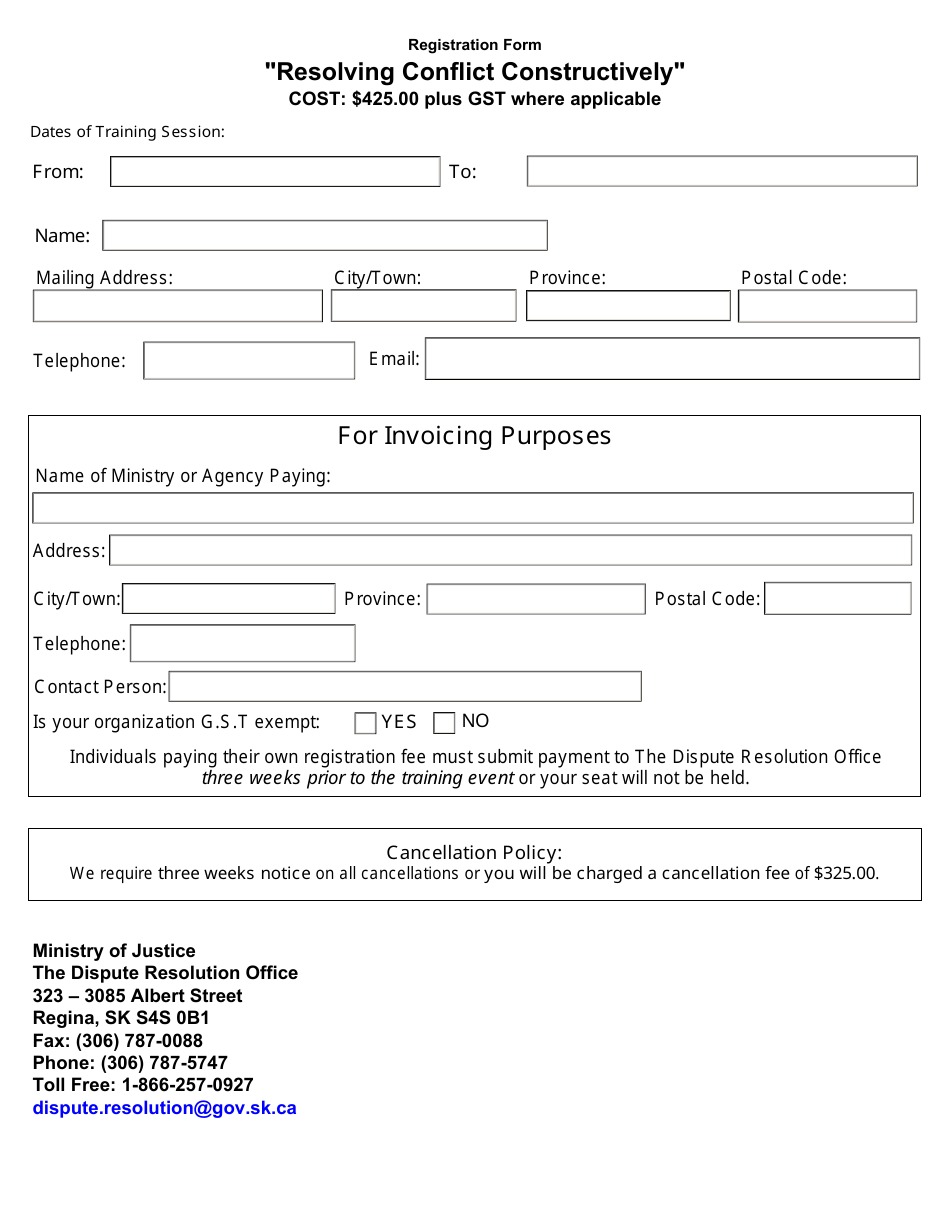 Saskatchewan Canada Resolving Conflict Constructively Registration Form ...