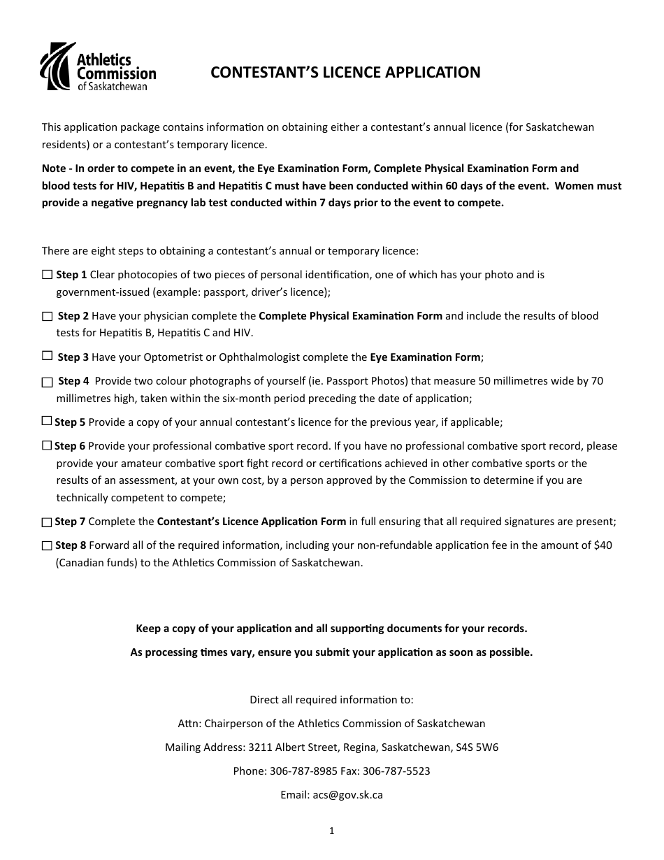 Saskatchewan Canada Contestant's Licence Application - Fill Out, Sign ...