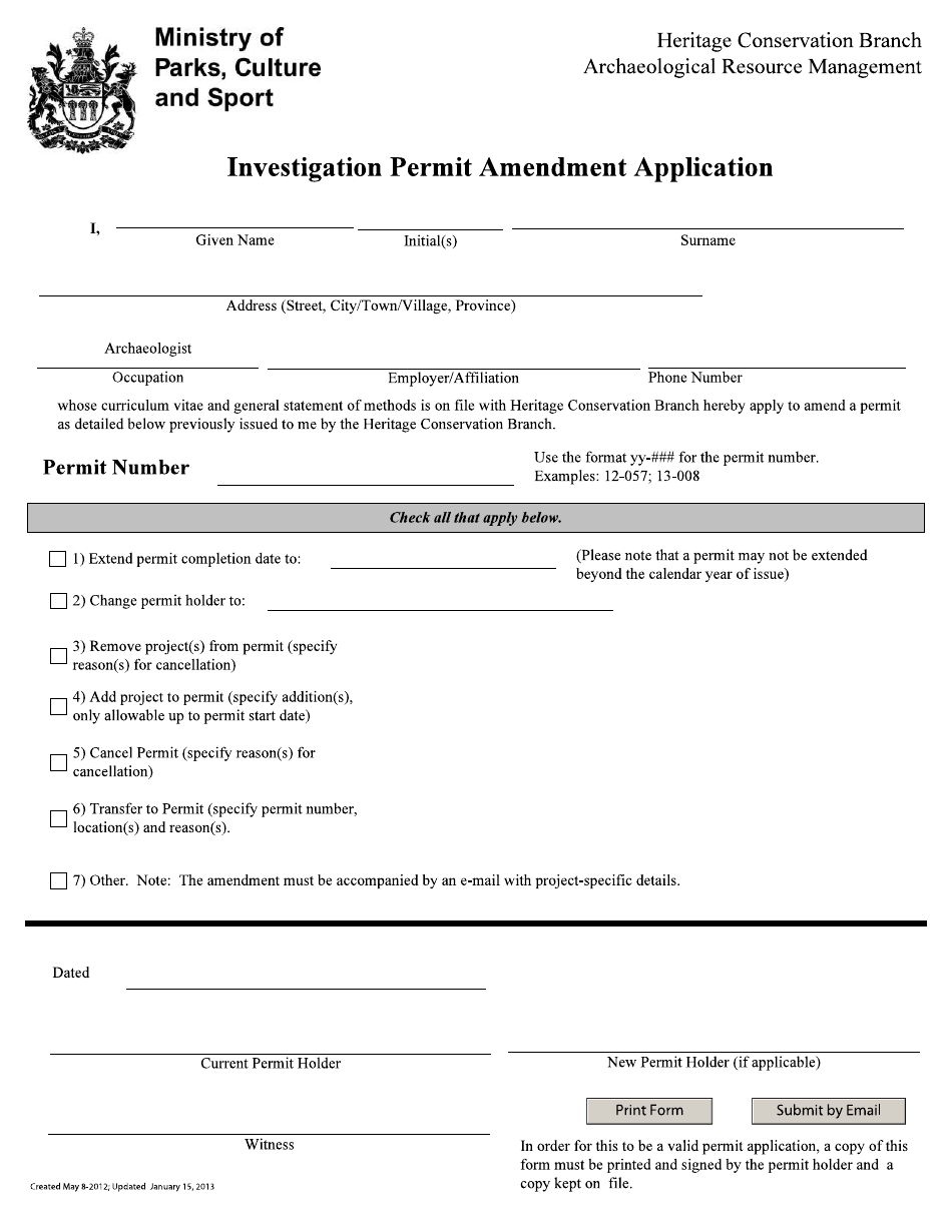 Saskatchewan Canada Investigation Permit Amendment Application - Fill ...