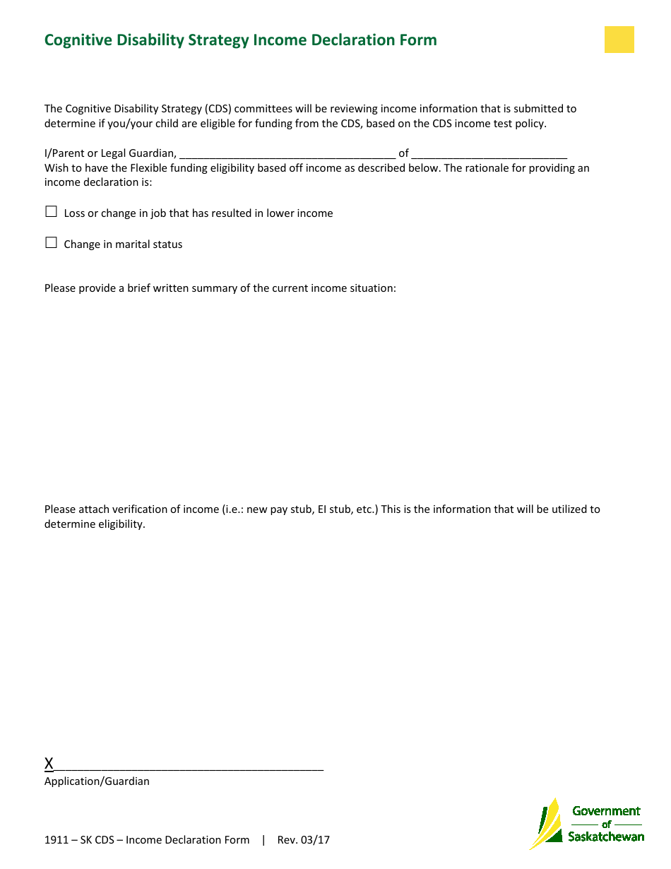Saskatchewan Canada Cognitive Disability Strategy Income Declaration ...