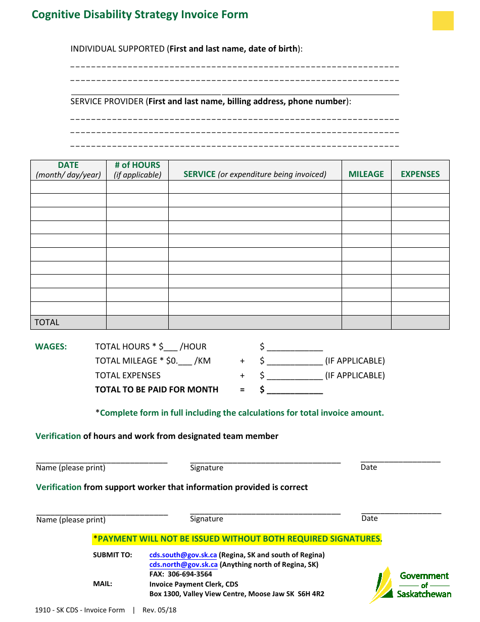 Saskatchewan Canada Cognitive Disability Strategy Invoice Form - Fill ...