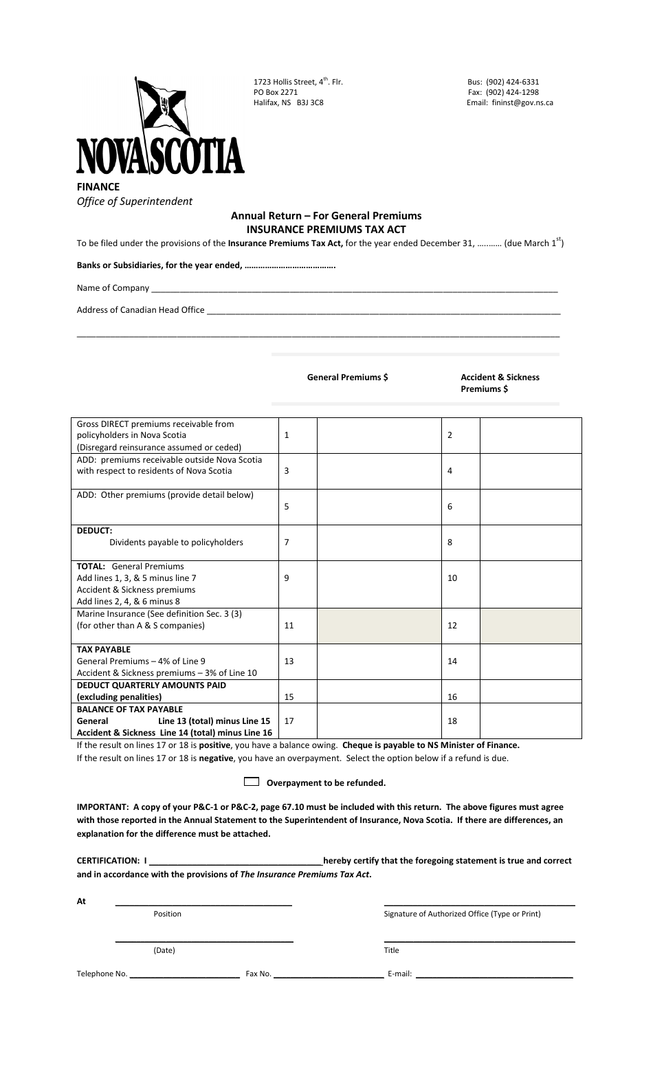 Nova Scotia Canada Annual Return - for General Premiums - Fill Out ...