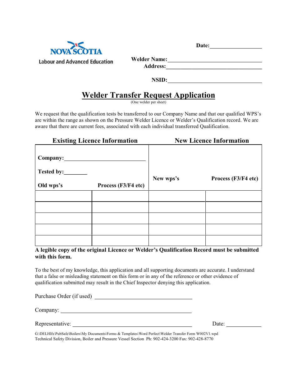 Nova Scotia Canada Welder Transfer Request Application - Fill Out, Sign ...