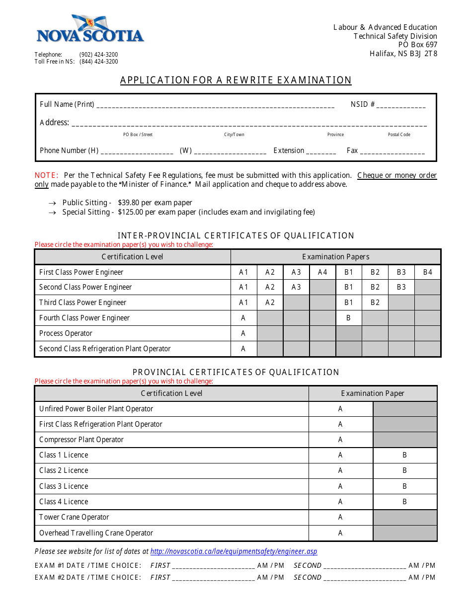 Nova Scotia Canada Application for a Rewrite Examination - Fill Out ...