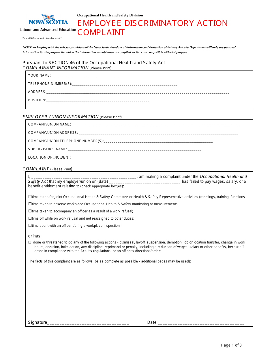 Nova Scotia Canada Employee Discriminatory Action Complaint - Fill Out ...
