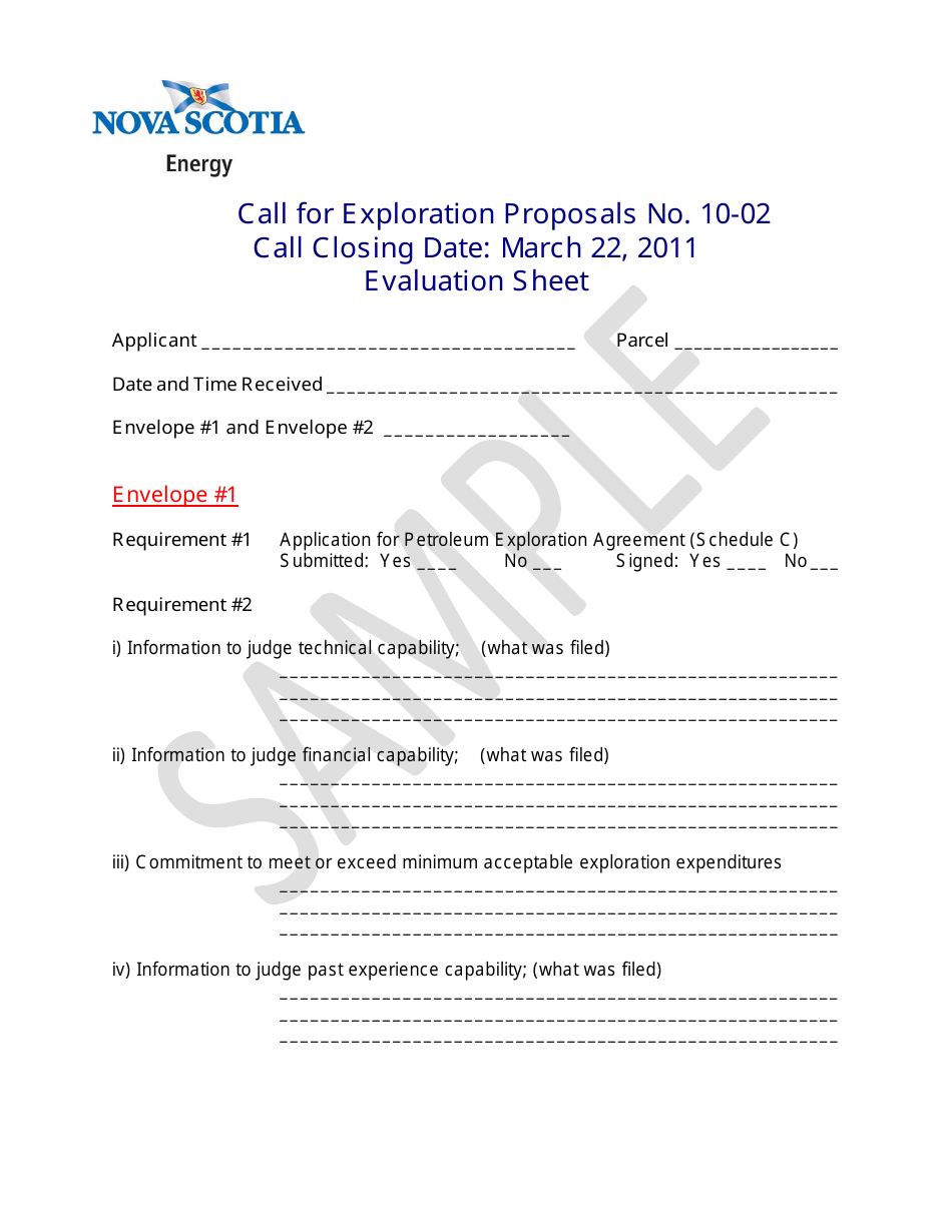 Nova Scotia Canada Call for Exploration Proposals Evaluation Sheet ...
