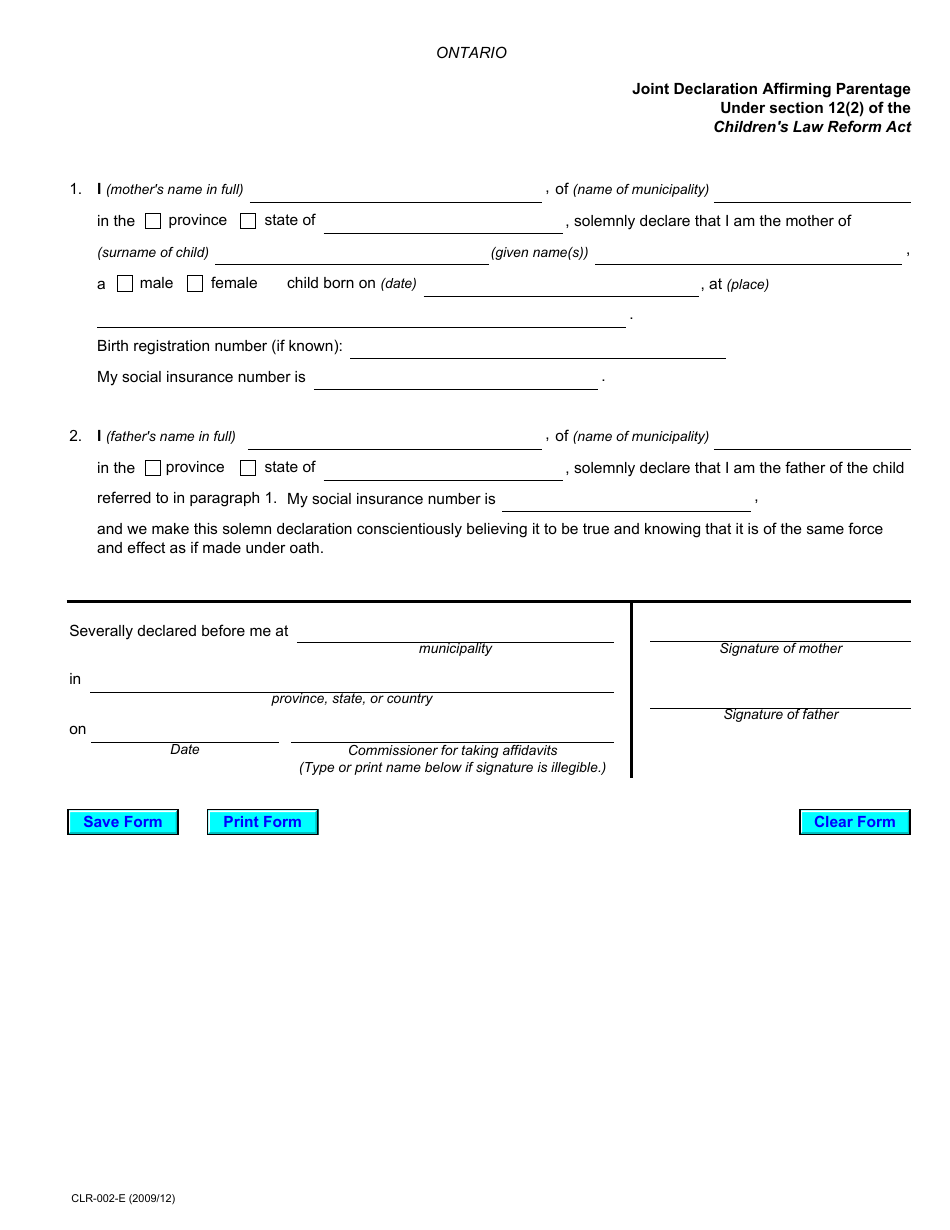 Ontario Canada Joint Declaration Affirming Parentage Under Section 12(2 ...