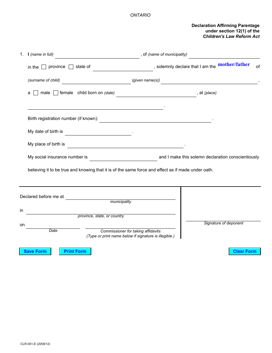 Ontario Canada Declaration Affirming Parentage Under Section 12(1) of ...