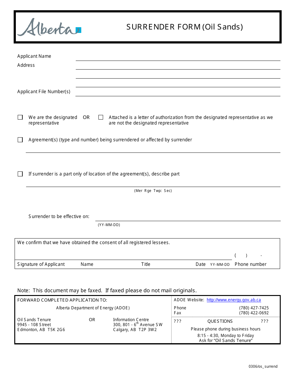 Alberta Canada Surrender Form (Oil Sands) - Fill Out, Sign Online and ...