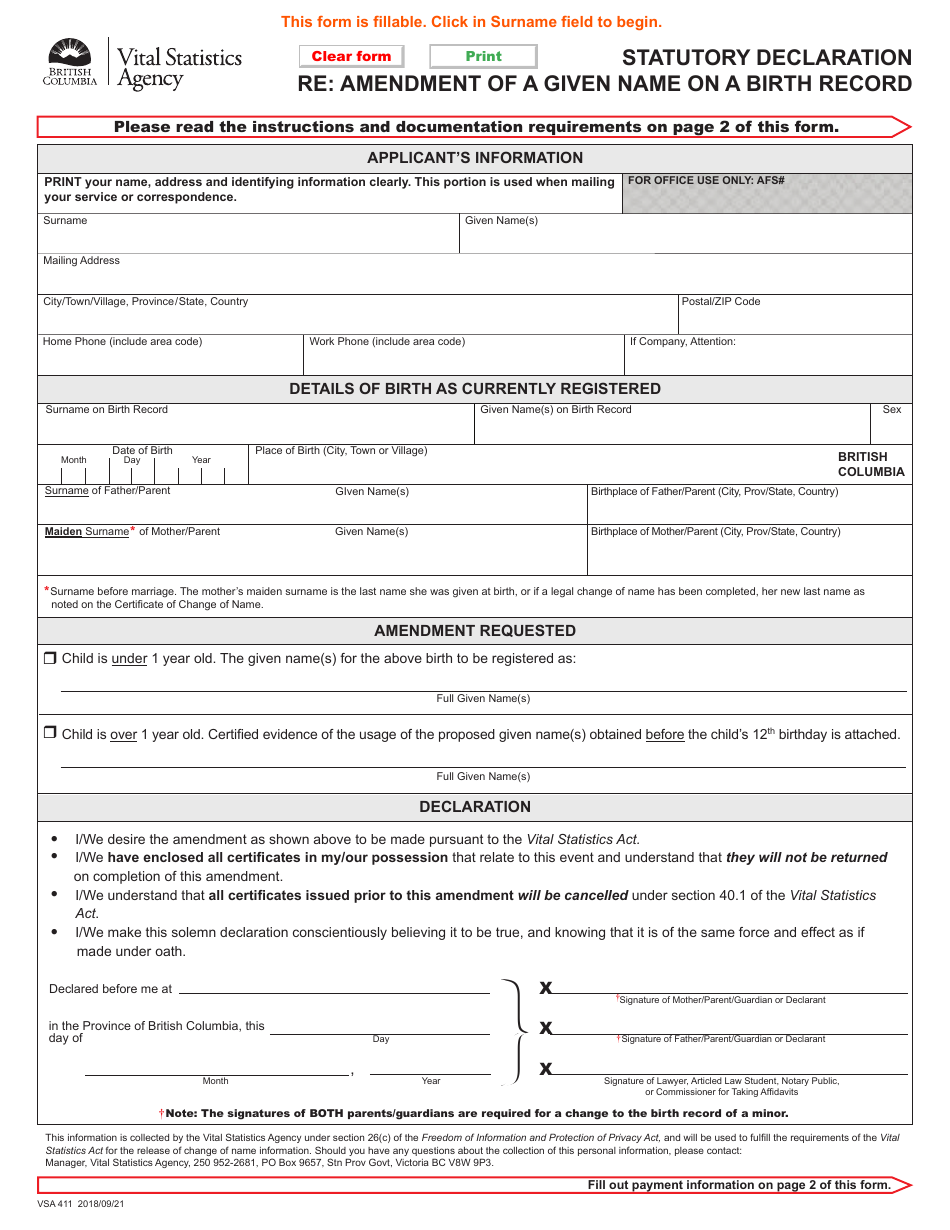 Form VSA411 - Fill Out, Sign Online and Download Fillable PDF, British ...