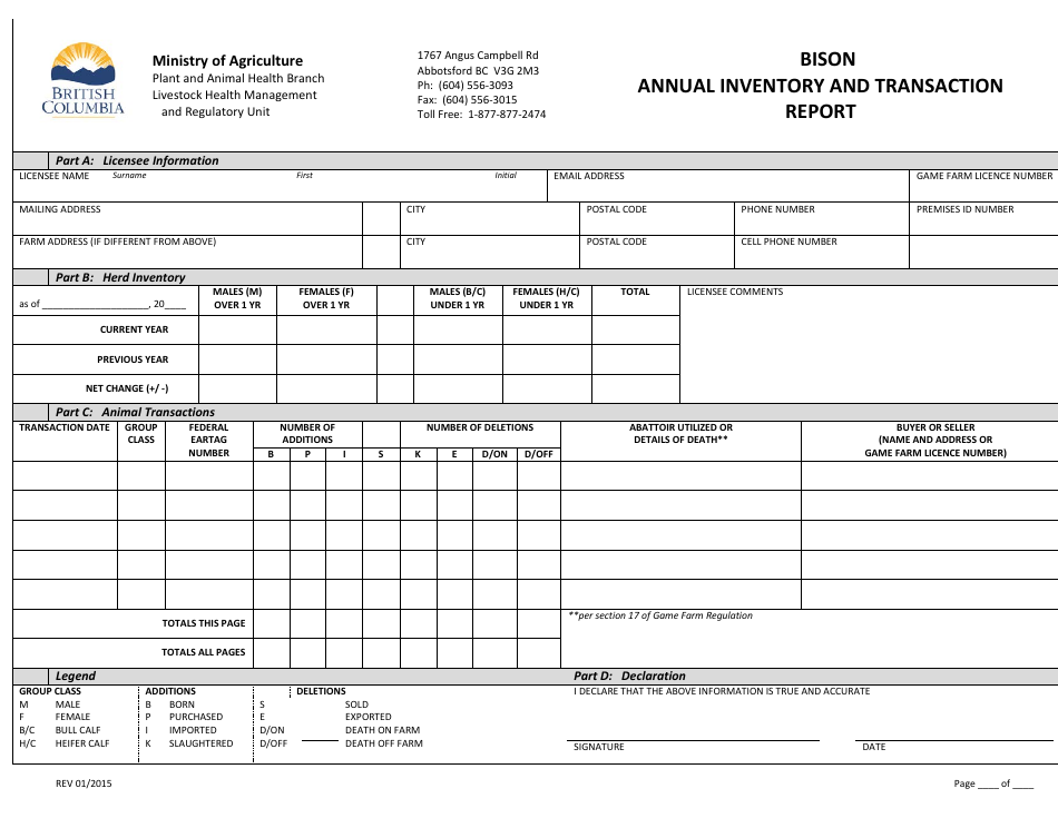 British Columbia Canada Bison Annual Inventory and Transaction Report ...